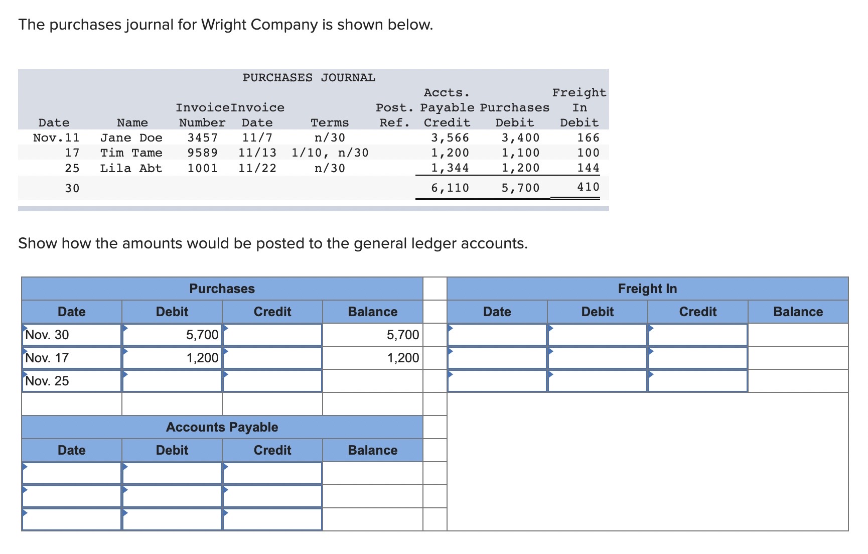 Solved The purchases journal for Wright Company is shown | Chegg.com