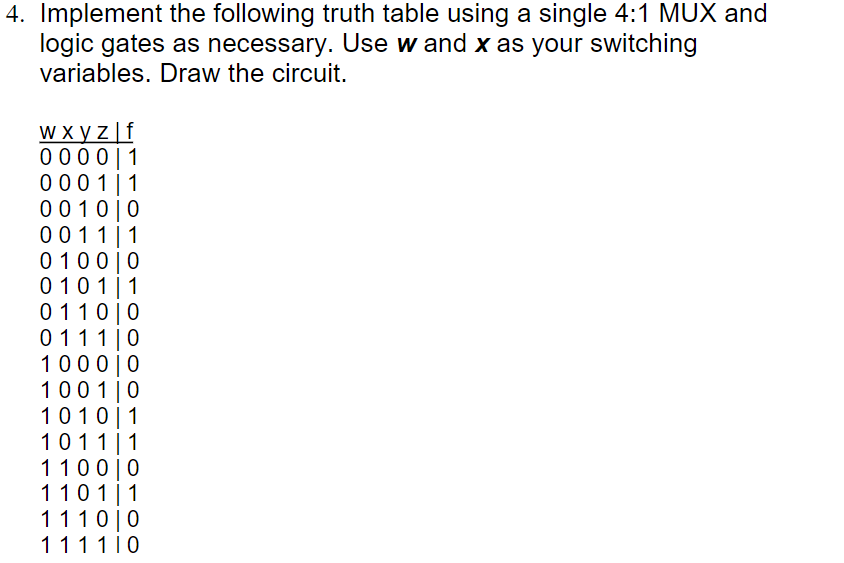 Solved 4. Implement the following truth table using a single | Chegg.com