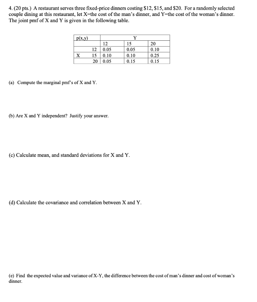 Solved 4. (20 pts.) A restaurant serves three fixed-price | Chegg.com