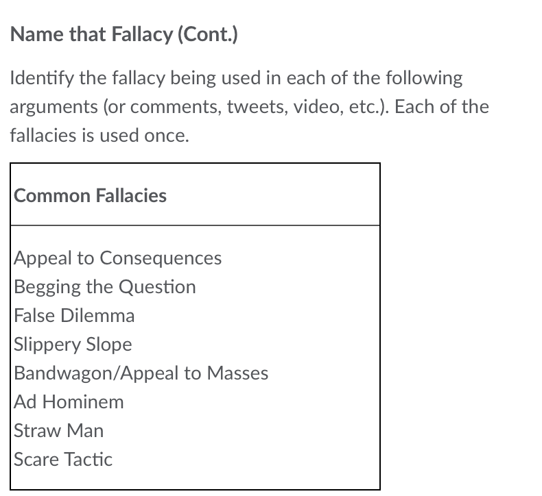 Solved Name that Fallacy (Cont.) Identify the fallacy being | Chegg.com