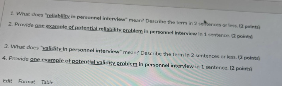 Solved 1. What does "reliability in personnel interview" | Chegg.com
