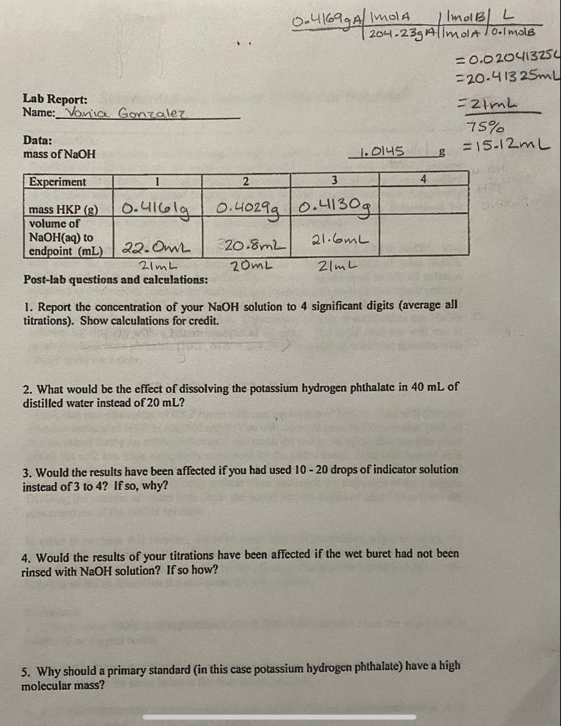 Solved Standardizing a Sodium Hydroxide Solution. The | Chegg.com