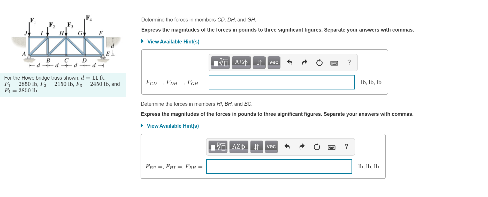 Solved Determine the forces in members CD, DH, and GH. | Chegg.com