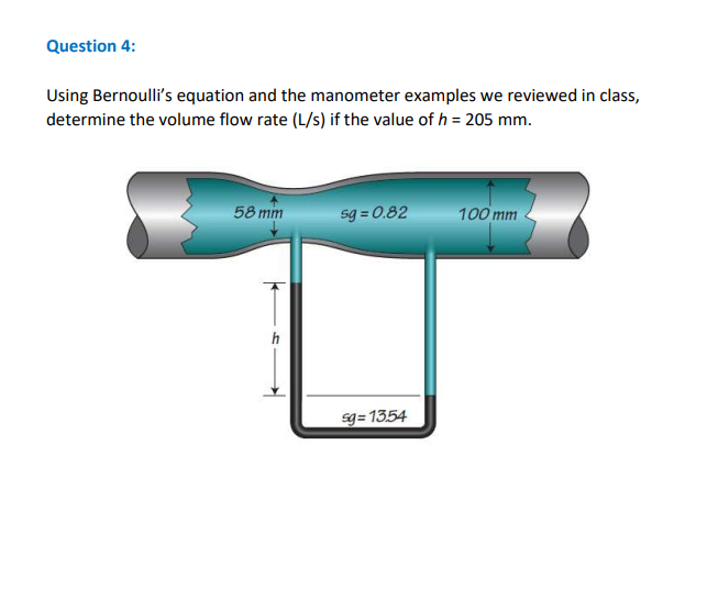 Solved Question 4:Using Bernoulli's equation and the | Chegg.com