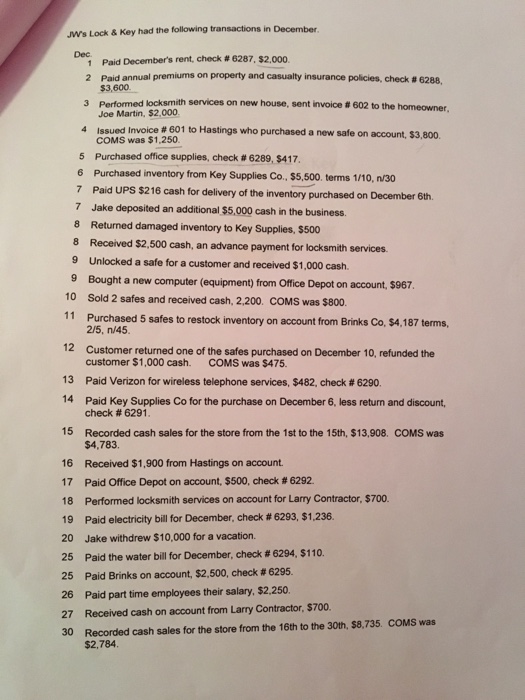 ACCT 2301 JW's Lock & Key a locksmith JW's Lock & Key | Chegg.com
