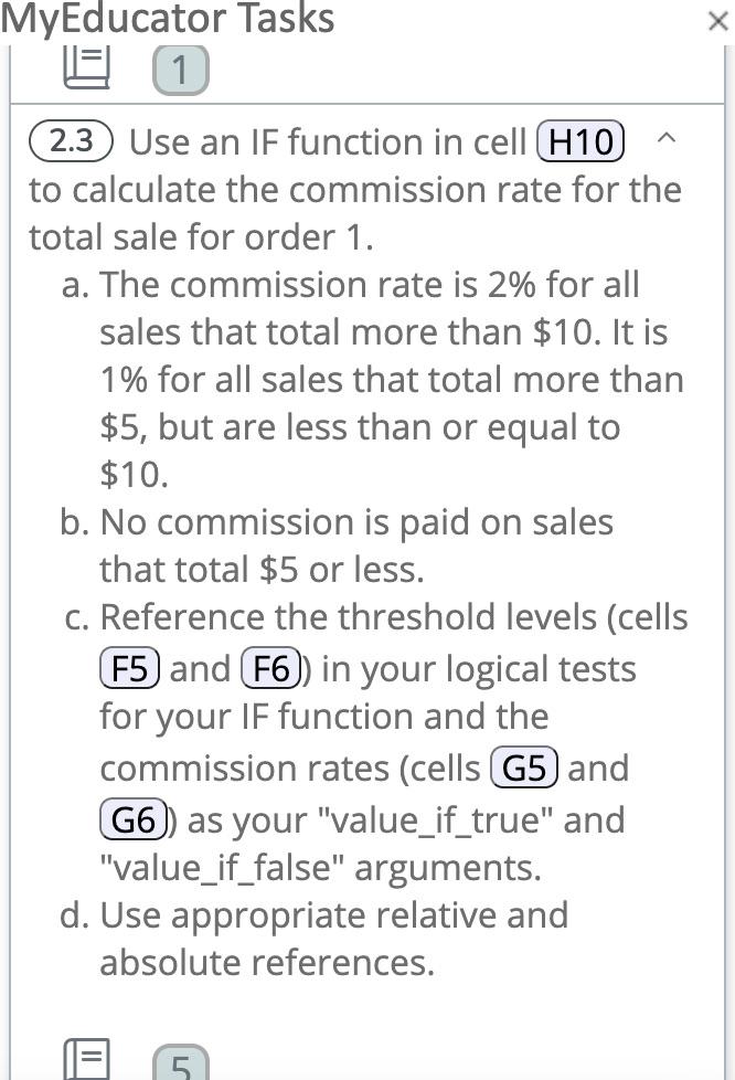 Solved MyEducator Tasks E 1 2 3 Use An IF Function In Cell Chegg