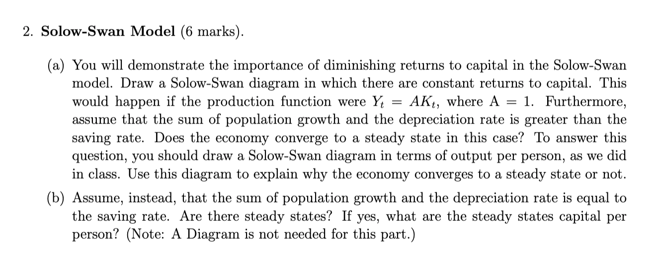 Solved 2. Solow-Swan Model (6 marks). (a) You will | Chegg.com
