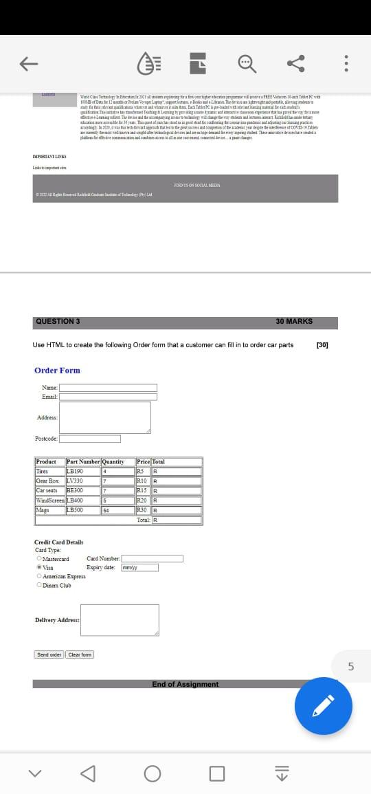 Lekto impinatian QUESTION 3 30 MARKS Use HTML to | Chegg.com