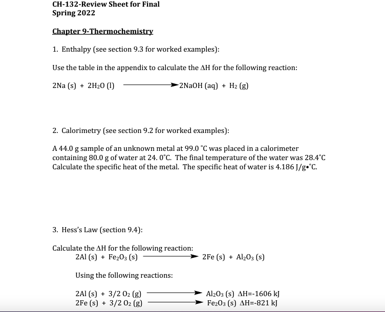 CH-132-Review Sheet for Final Spring 2022 Chapter | Chegg.com
