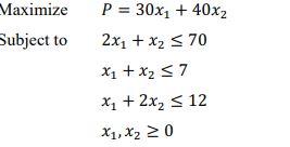 Solved Maximize Subject to P = 30x1 + 40x2 2x1 + x2