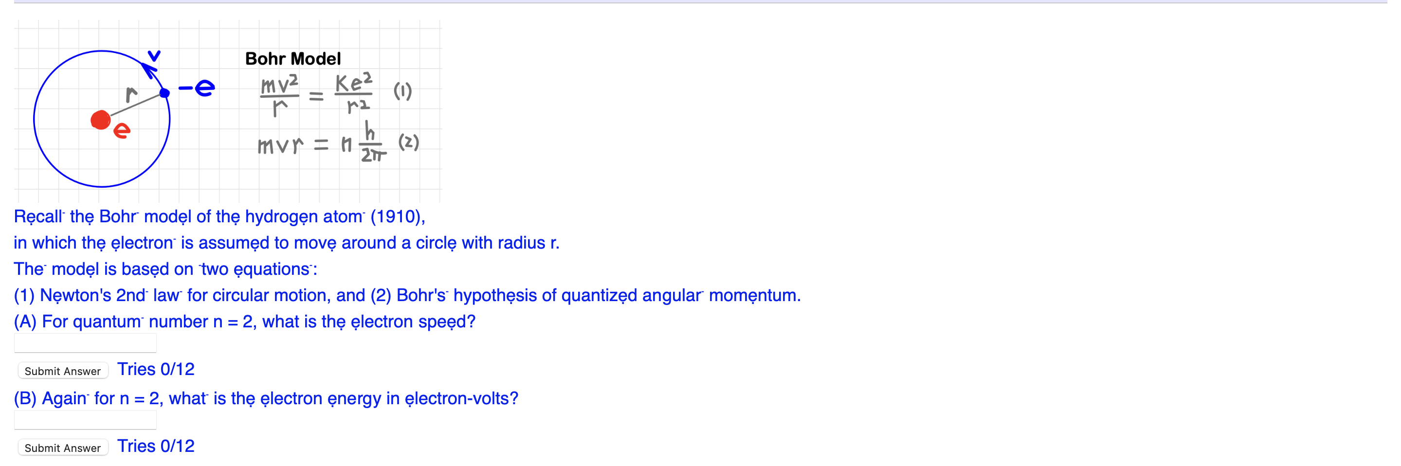 Solved rmv2=μ2Ke2mvr=n2πh(2) Rẹcall thẹ Bohr modẹl of thẹ | Chegg.com