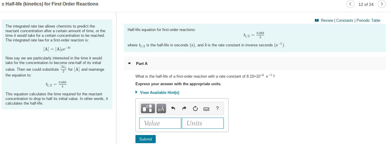 Solved + Half-life (kinetics) for First Order Reactions 12 | Chegg.com