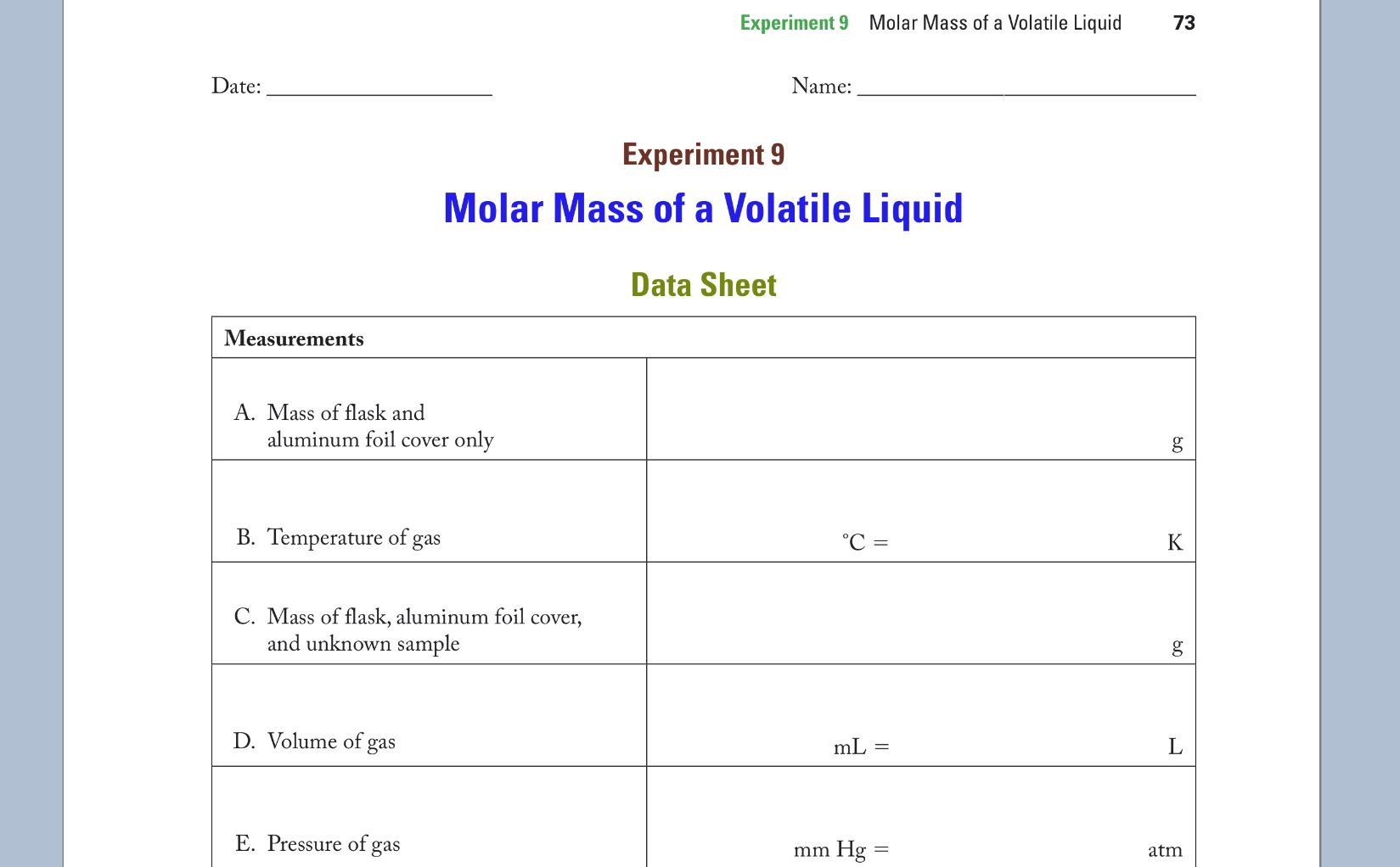 70 Experiment 9 Molar Mass of a Volatile Liquid And | Chegg.com