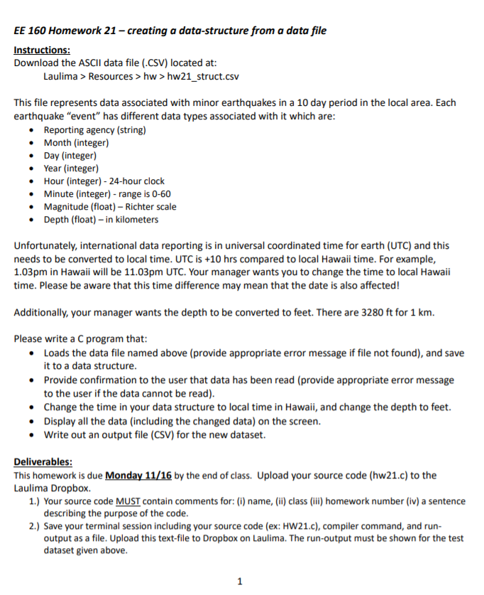 EE 160 Homework 21 - creating a data-structure from a | Chegg.com