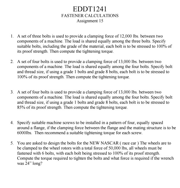Solved EDDT1241 FASTENER CALCULATIONS Assignment 15 1. A set | Chegg.com
