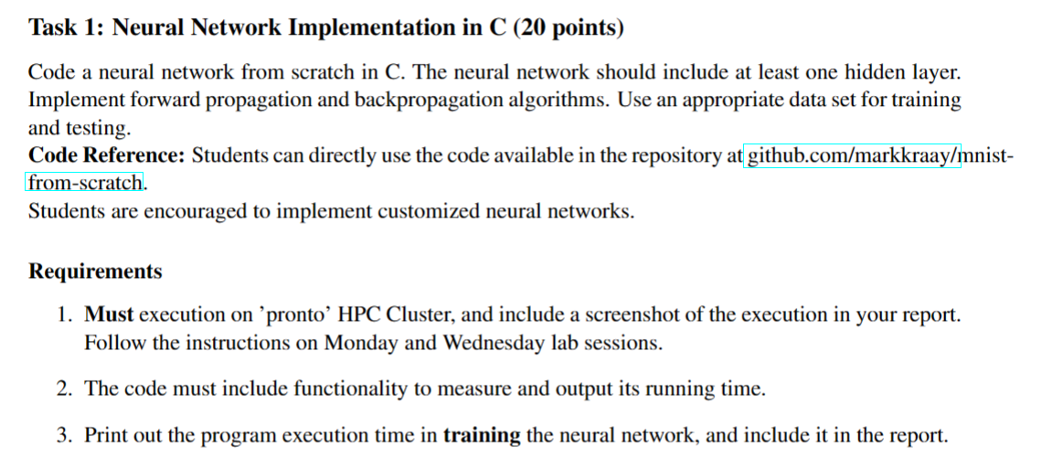 Task 1: Neural Network Implementation in C ( 20 | Chegg.com