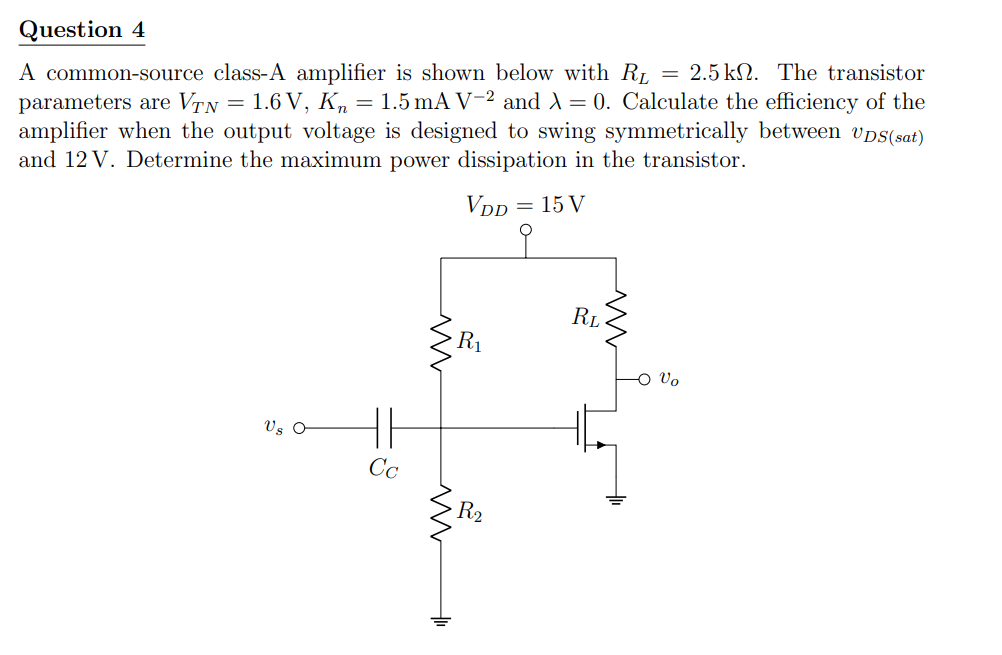 Solved Question 4A common-source class-A amplifier is ﻿shown | Chegg.com