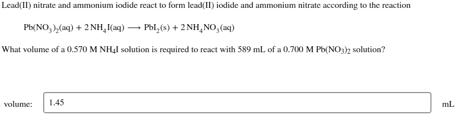 Solved Pb(NO3)2(aq)+2NH4I(aq) PbI2( s)+2NH4NO3(aq) What | Chegg.com