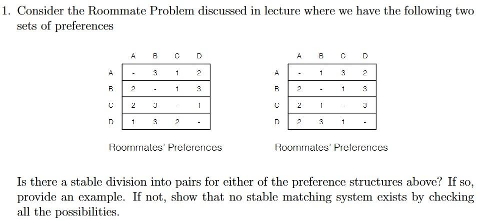 Solved 1. Consider the Roommate Problem discussed in lecture | Chegg.com