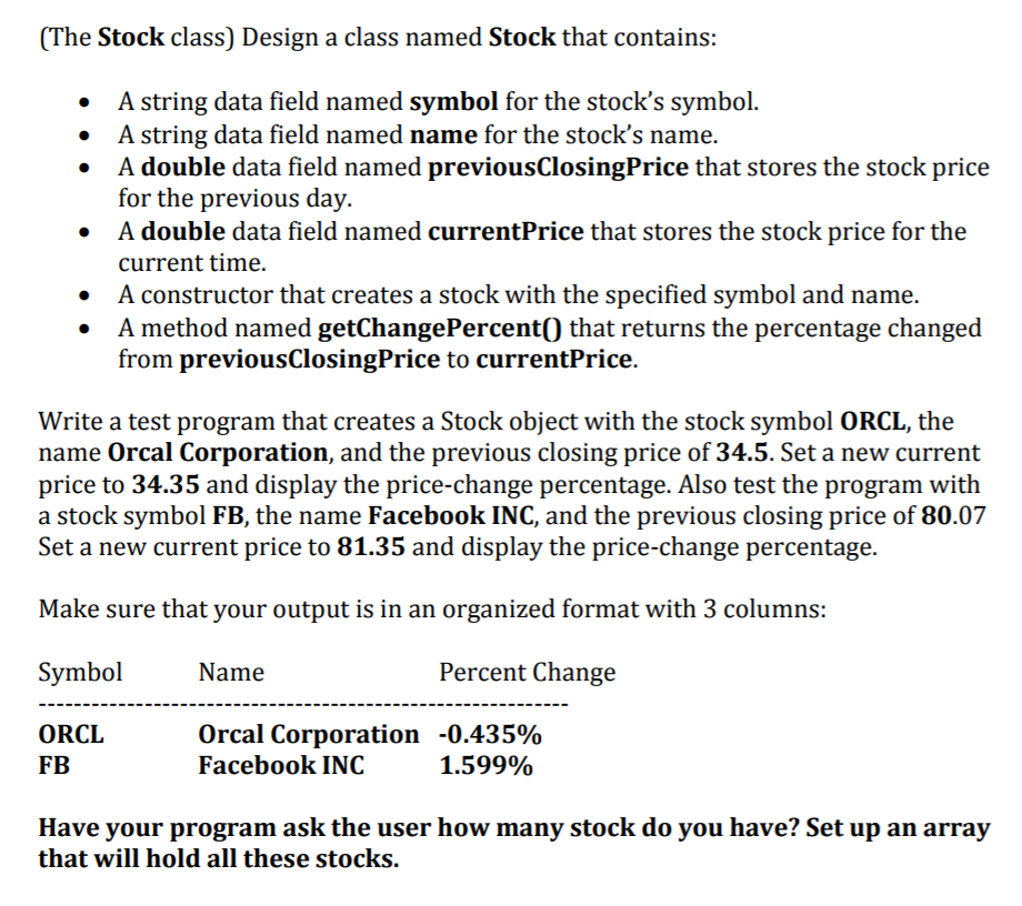 Solved Java (The Stock class) Design a class named Stock | Chegg.com