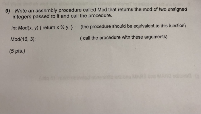 Solved 9) Write an assembly procedure called Mod that | Chegg.com