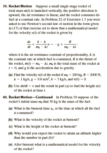 Solved 39. Rocket Motion Suppose a small single-stage rocket | Chegg.com