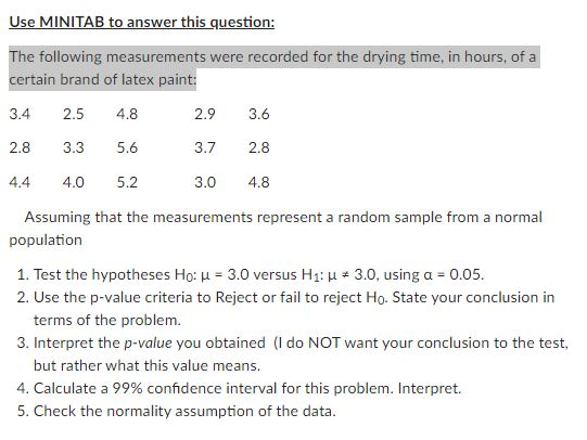 Solved Use MINITAB to answer this question: The following | Chegg.com