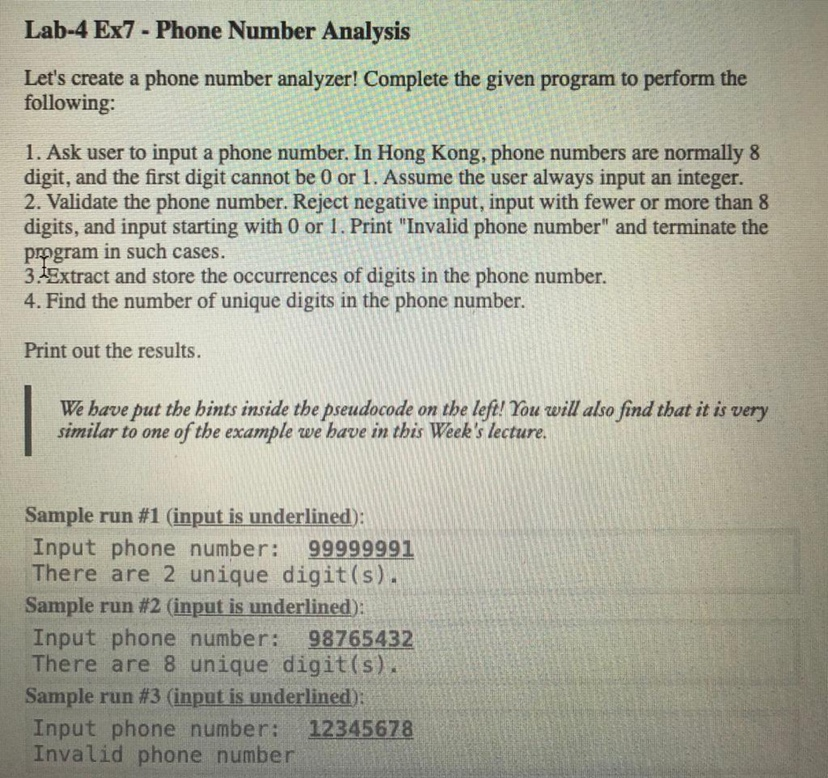 Solved Lab-4 Ex7 - Phone Number Analysis Let's create a | Chegg.com