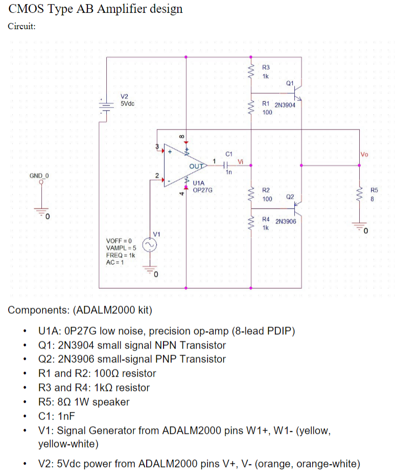 CMOS Type AB Amplifier design Circuit: R3 1k Q1 V2 | Chegg.com