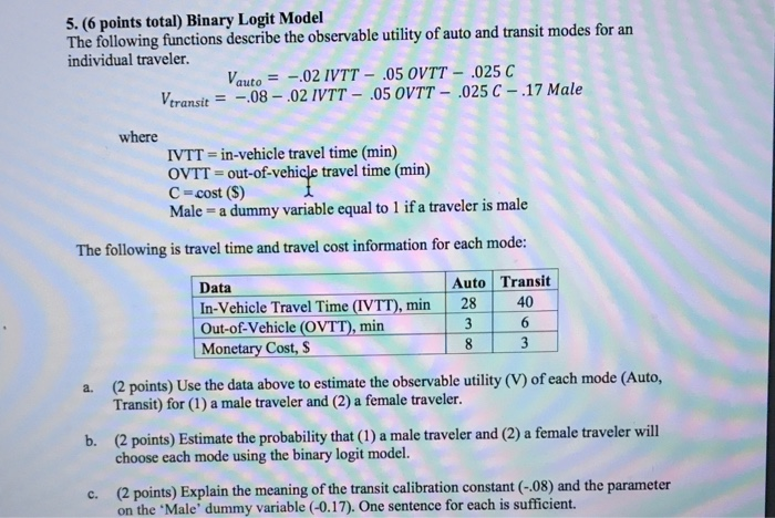 Solved 5. (6 points total) Binary Logit Model The following | Chegg.com
