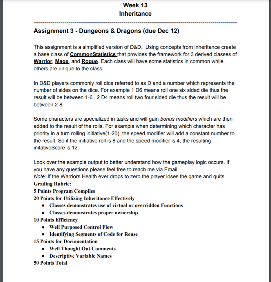 Solved Week 13 Inheritance Assignment 3 - Dungeons & Dragons | Chegg.com