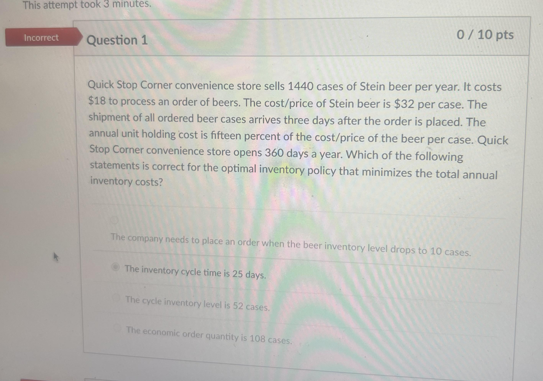 Solved Quick Stop Corner convenience store sells 1440 cases | Chegg.com