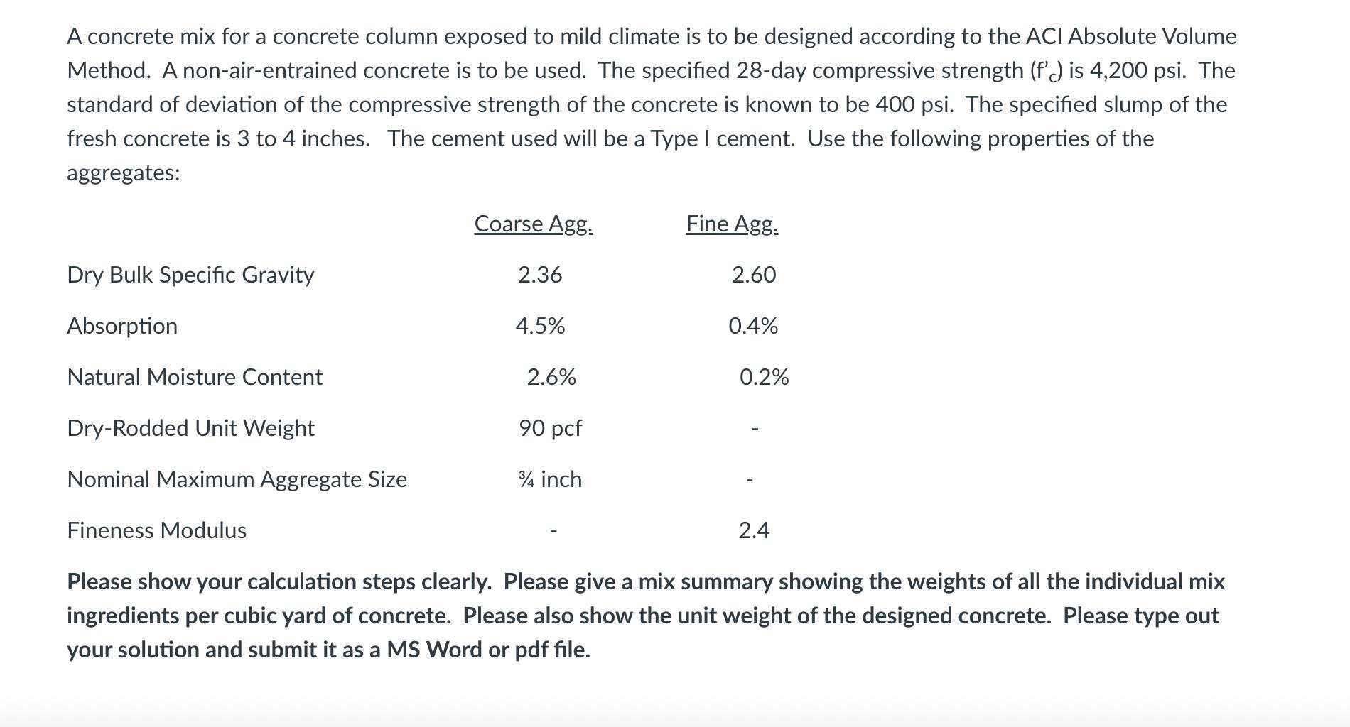 A concrete mix for a concrete column exposed to mild | Chegg.com