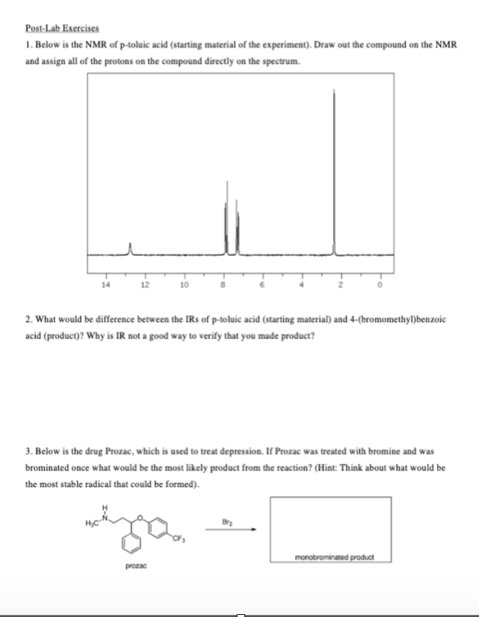 Solved Post-Lab Exercises1. ﻿Below is the NMR of p-toluic | Chegg.com