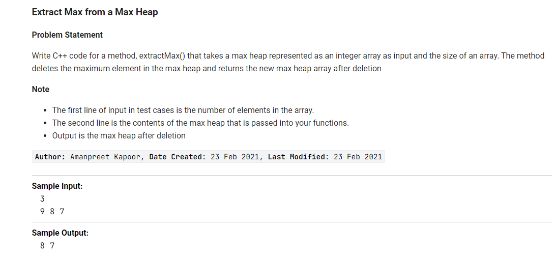 Solved Extract Max from a Max Heap Problem Statement Write | Chegg.com