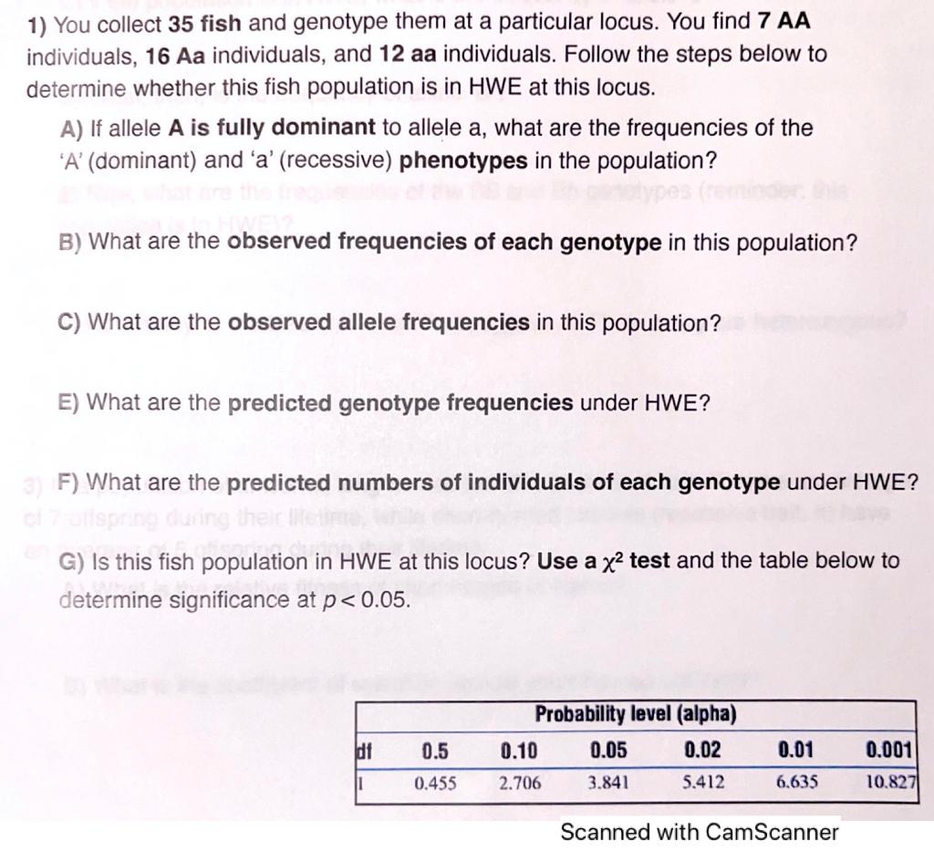 Solved 1) You collect 35 fish and genotype them at a | Chegg.com