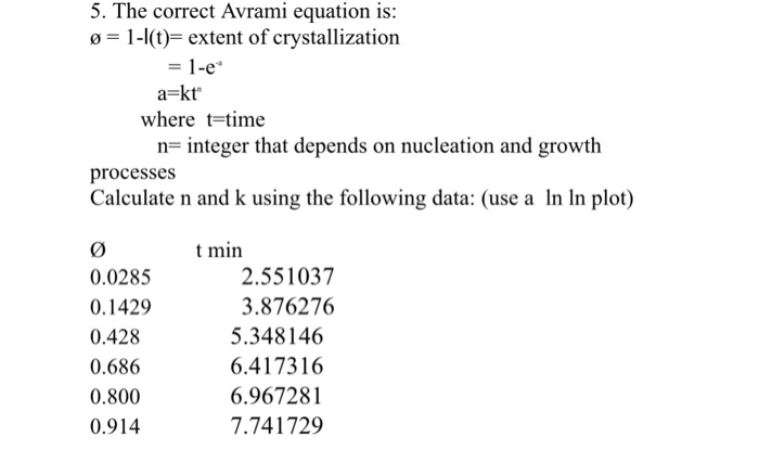 Solved 5. The correct Avrami equation is: ø 1-l(t)-extent of | Chegg.com