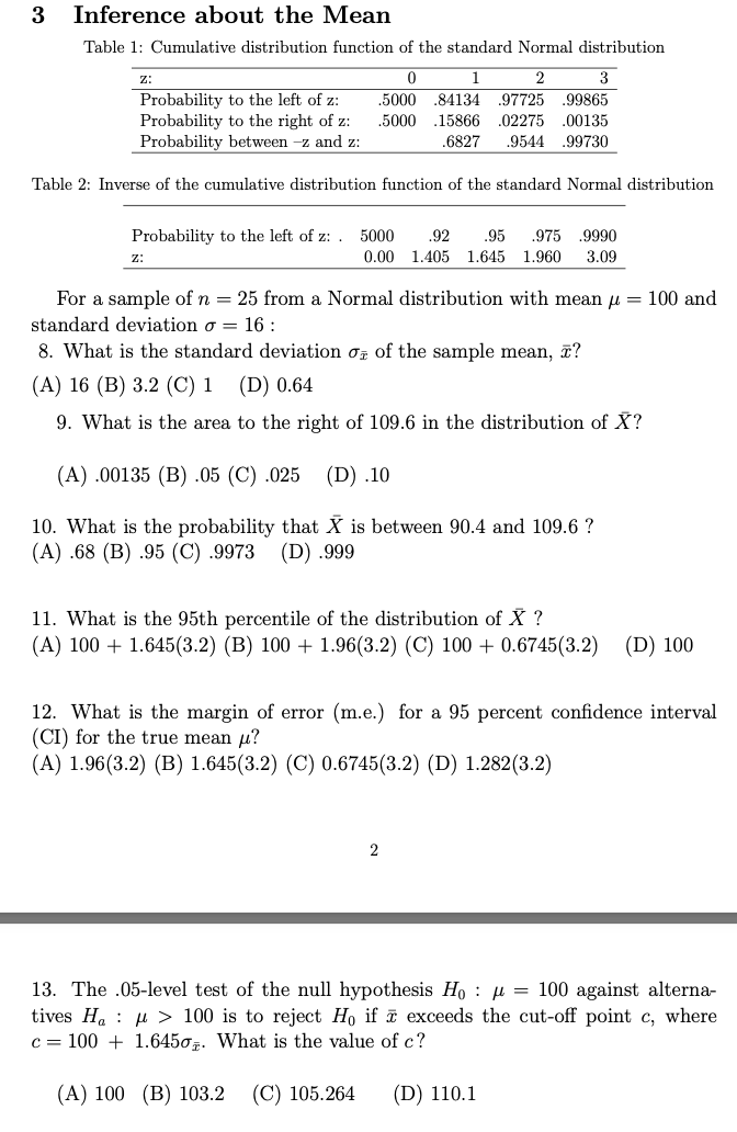 Solved 3 Inference about the Mean Table 1: Cumulative | Chegg.com