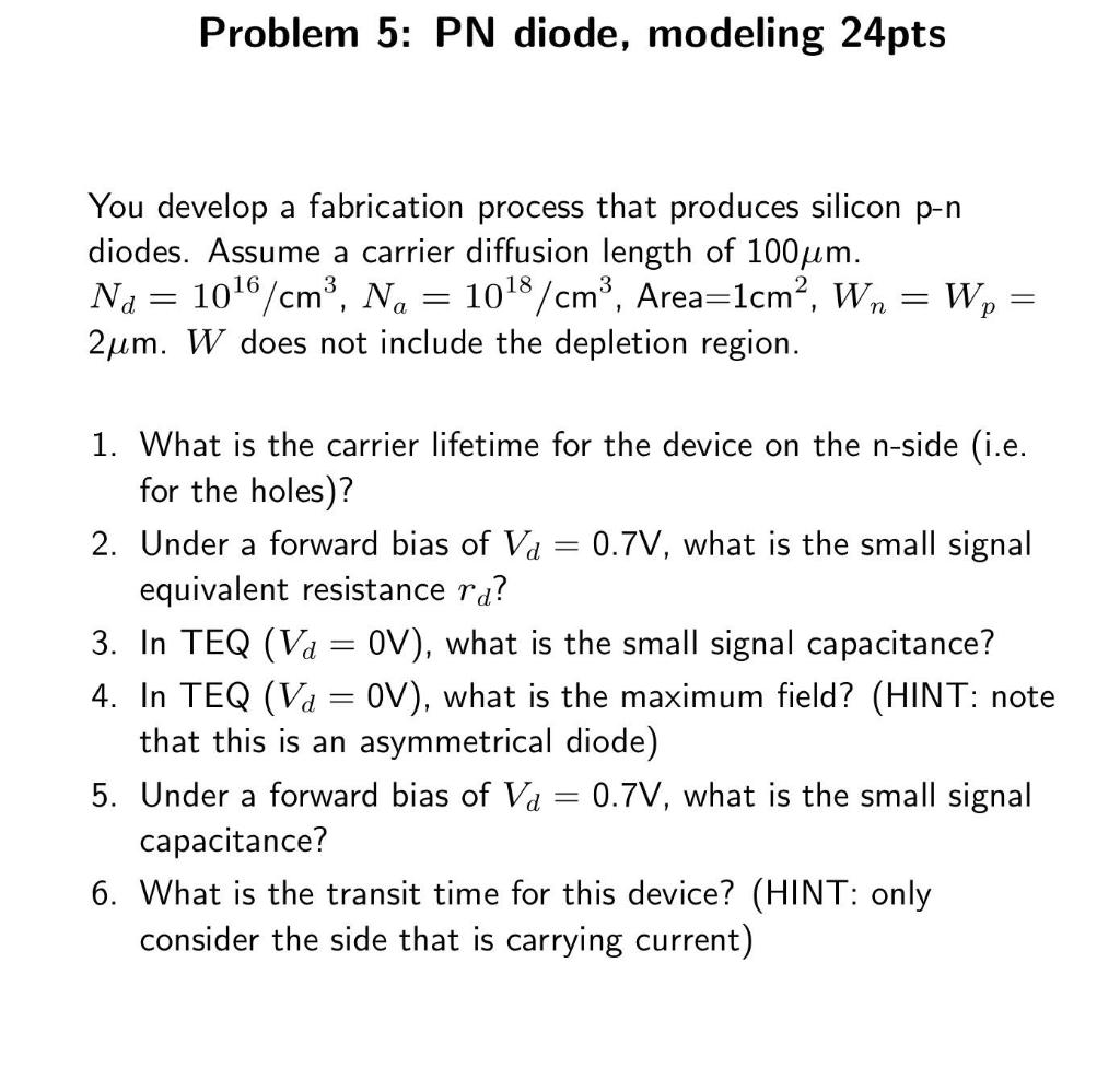 Solved Problem 5: PN diode, modeling 24pts You develop a | Chegg.com