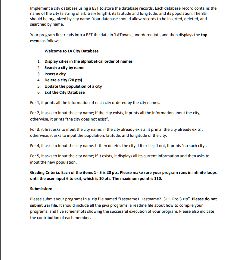 Solved Implement a city database using a BST to store the | Chegg.com