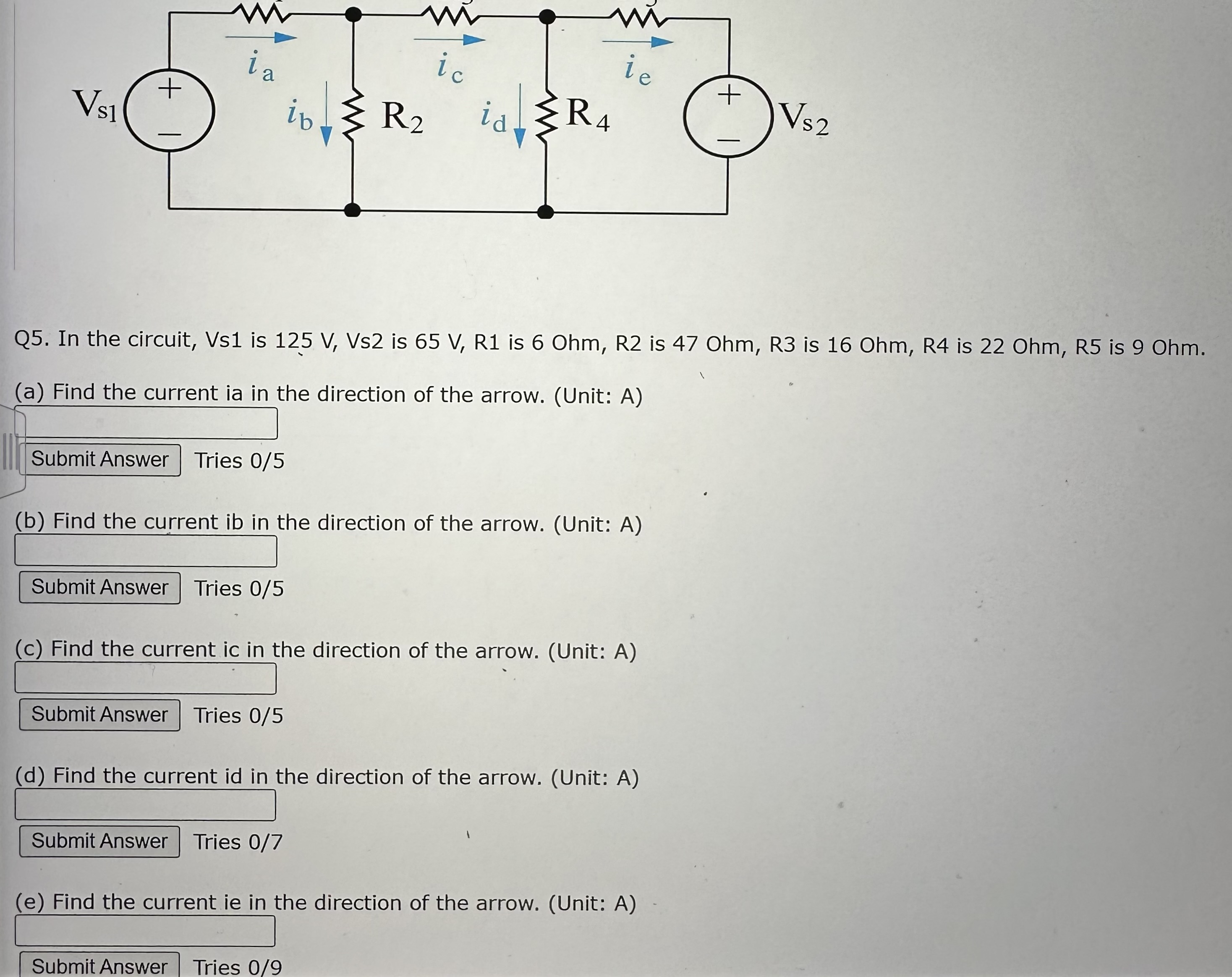 Solved Q5. In the circuit, Vs1 is 125 V,Vs2 is 65 V,R1 is | Chegg.com