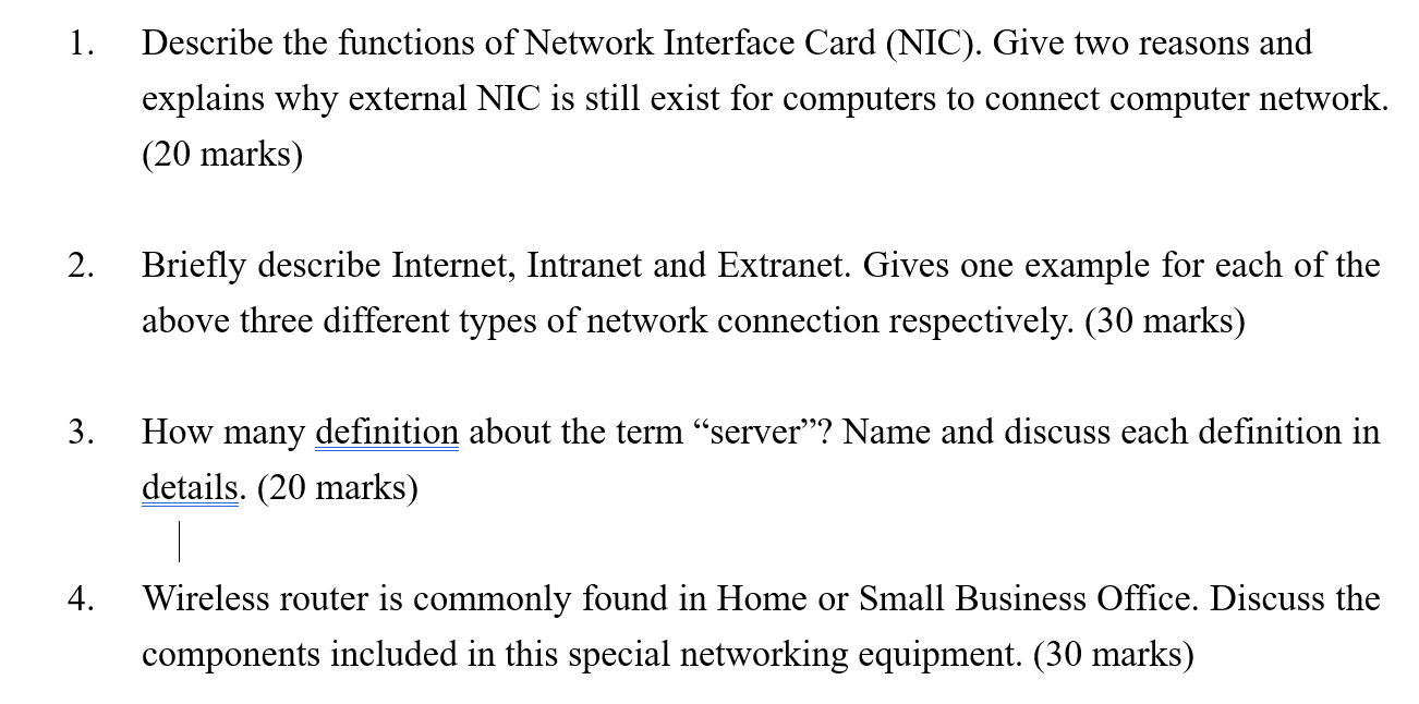 Solved 1. Describe the functions of Network Interface Card | Chegg.com