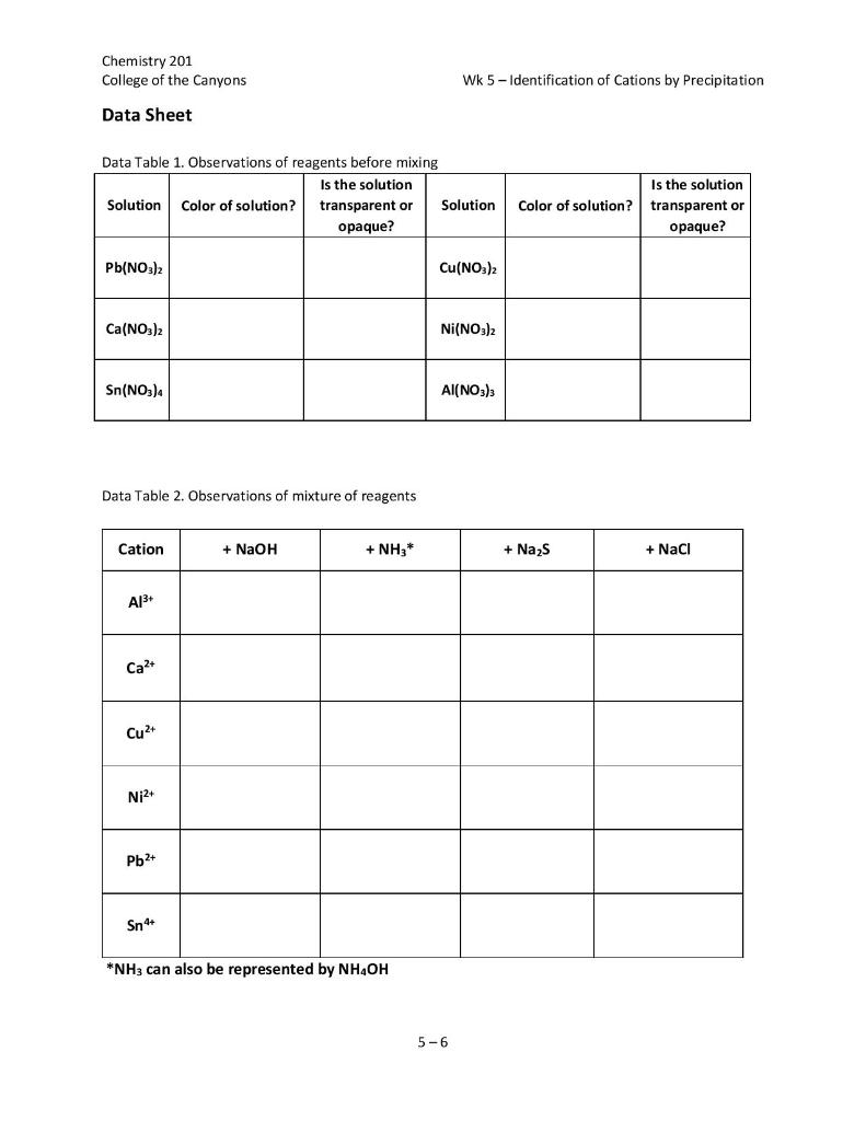 Chemistry 201 College of the Canyons Wk 5 - | Chegg.com
