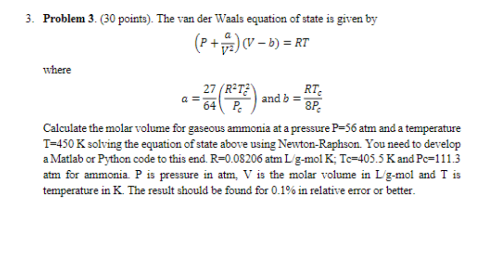 Solved 3. Problem 3. (30 points). The van der Waals equation | Chegg.com