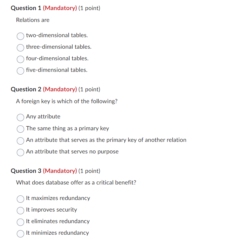 Solved Question I (Mandatory) (1 point) Relations are | Chegg.com