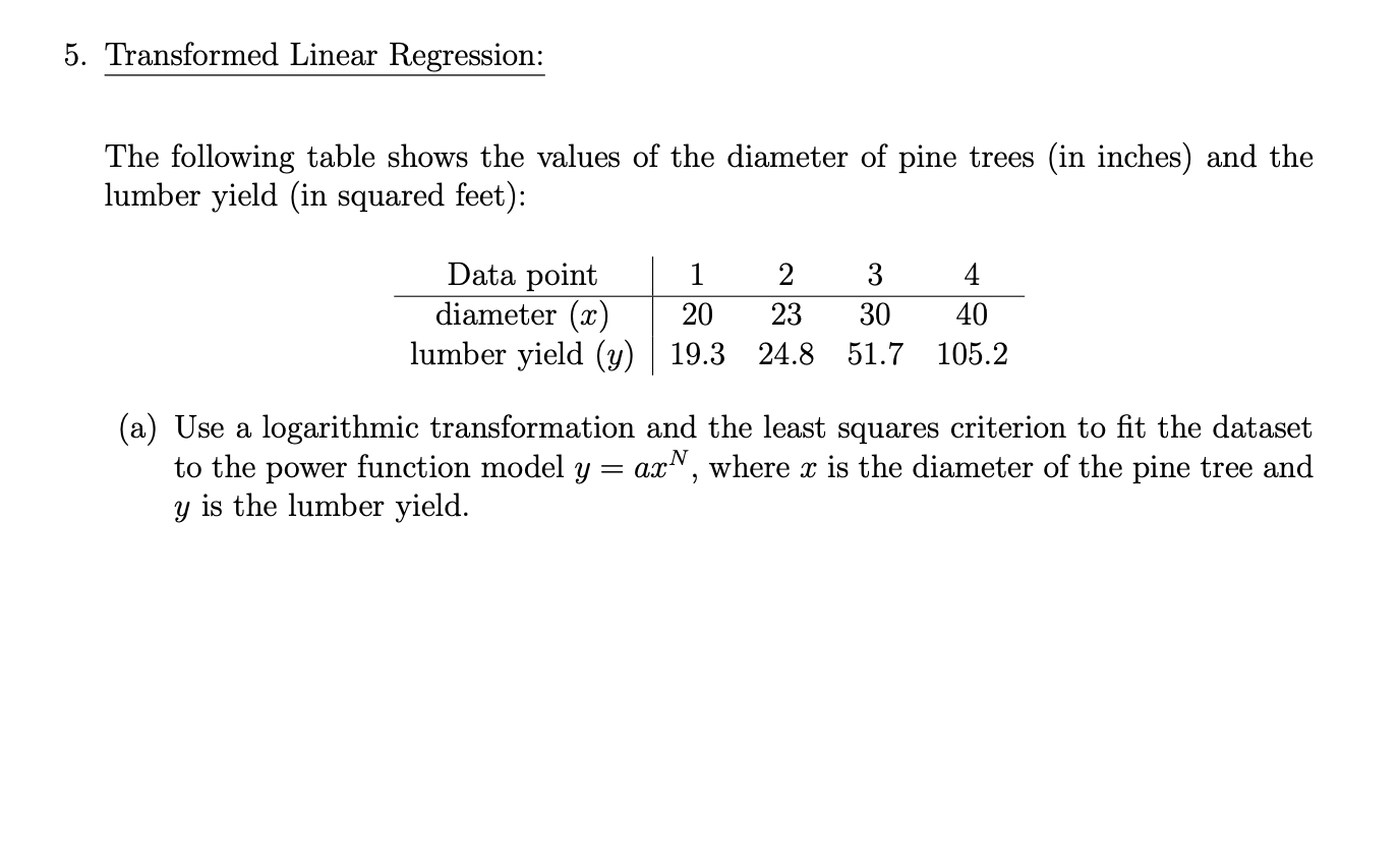 Solved 5. Transformed Linear Regression: The following table | Chegg.com
