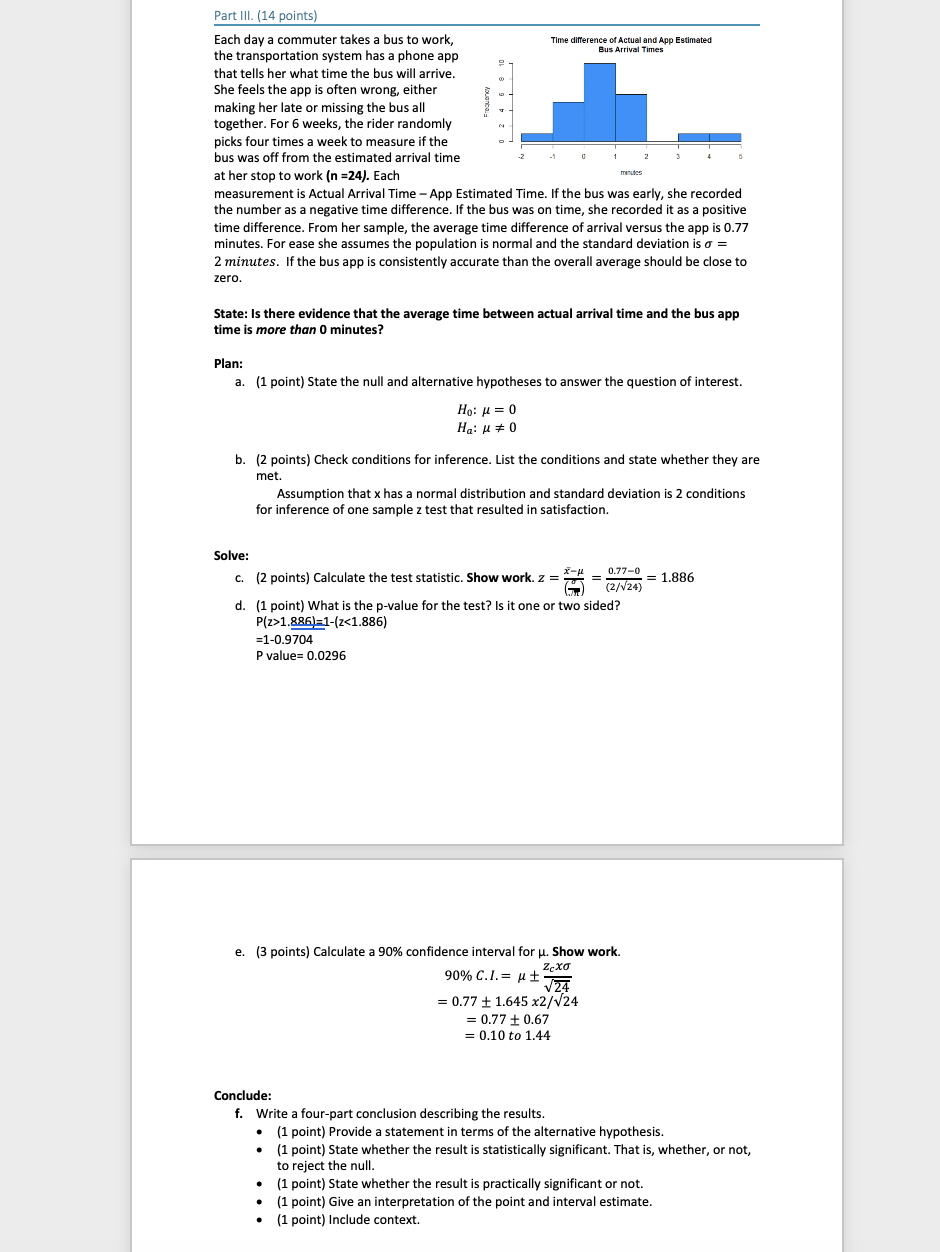Solved Part III. (14 points) Each day a commuter takes a bus | Chegg.com