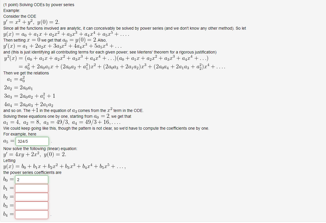 Solved (1 point) Solving ODEs by power series Example: | Chegg.com