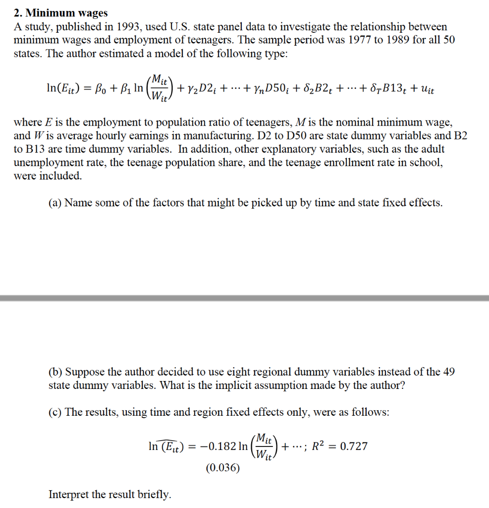Solved 2. Minimum wages A study, published in 1993, used | Chegg.com