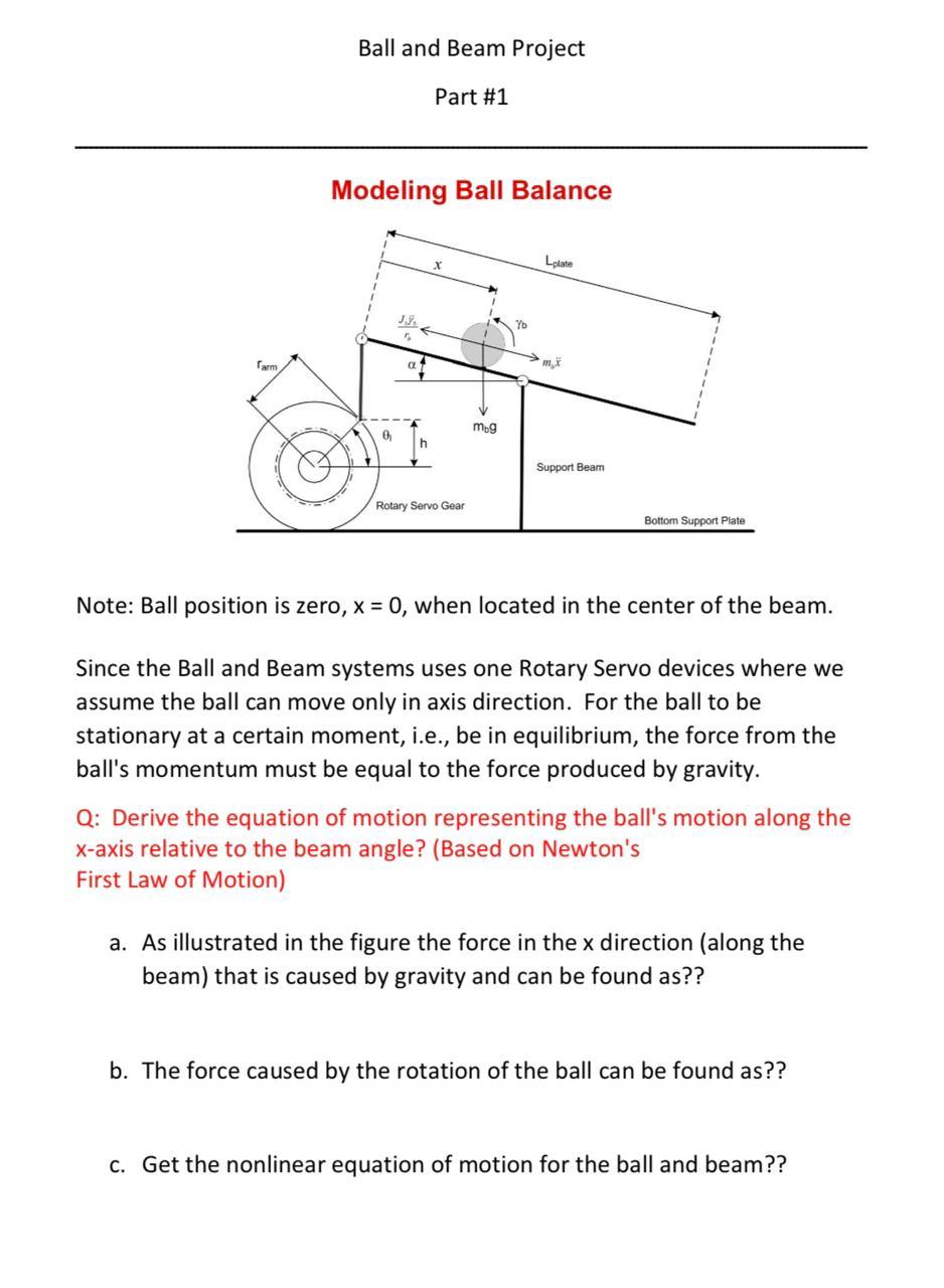 Solved Ball and Beam Project Part #1 Modeling Ball Balance | Chegg.com